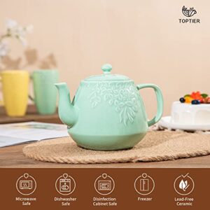 Toptier Leaf Teapot, Porcelain Tea Pot with Infuser and Lid, Blooming & Loose Leaf Ceramic Teapot, 37 Ounce, Light Green