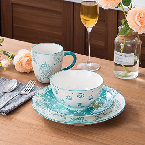 Original Heart 16-pieces Dinnerware Sets Ceramic Dish Set, Plates and Bowls Sets, Turquoise Dish Set for 4, Stackble, Nonstick, Stoneware Dinnerware Set for Kitchen