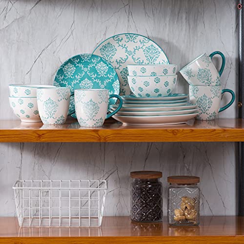 Original Heart 16-pieces Dinnerware Sets Ceramic Dish Set, Plates and Bowls Sets, Turquoise Dish Set for 4, Stackble, Nonstick, Stoneware Dinnerware Set for Kitchen