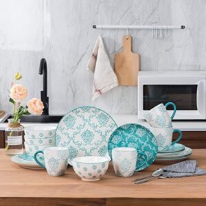 Original Heart 16-pieces Dinnerware Sets Ceramic Dish Set, Plates and Bowls Sets, Turquoise Dish Set for 4, Stackble, Nonstick, Stoneware Dinnerware Set for Kitchen