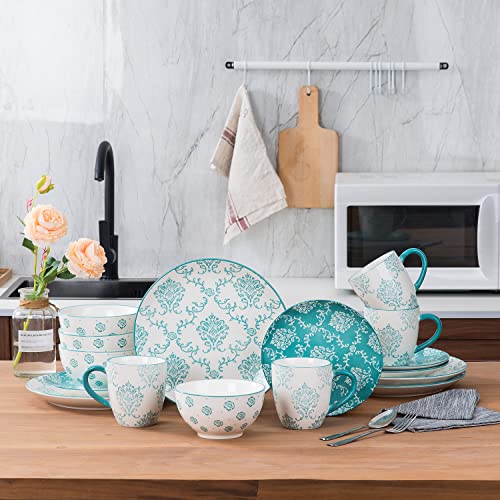 Original Heart 16-pieces Dinnerware Sets Ceramic Dish Set, Plates and Bowls Sets, Turquoise Dish Set for 4, Stackble, Nonstick, Stoneware Dinnerware Set for Kitchen