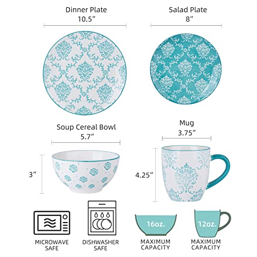 Original Heart 16-pieces Dinnerware Sets Ceramic Dish Set, Plates and Bowls Sets, Turquoise Dish Set for 4, Stackble, Nonstick, Stoneware Dinnerware Set for Kitchen