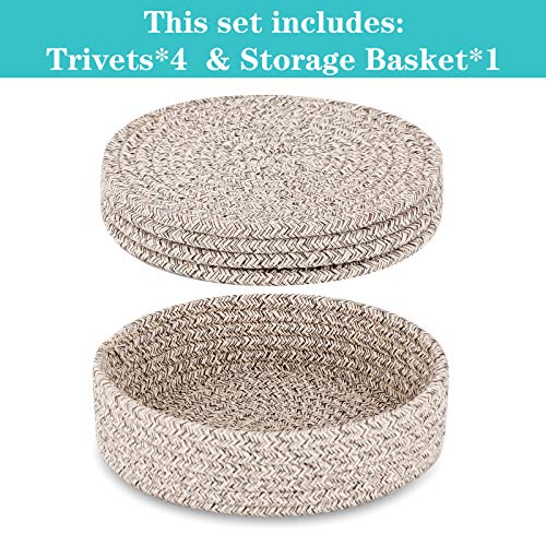 Trivets for Hot Dishes, Trivets for Hot Pots and Pans, Hot Pads for Countertops, Coasters 4 Pcs and Storage Basket 1 Pack, Pot Holders for Kitchen, Cotton Hot Mats Cooking Pad Protect Table (Brown)