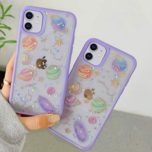 BOFTALE Compatible with iPhone 12 Mini Case Cute Clear Glitter for Girls Women, Handmade Planets/Stars Bling Sparkle Design Slim Soft TPU Cover Compatible with iPhone 12 Mini 5.4 inch 5G 2020(Purple)