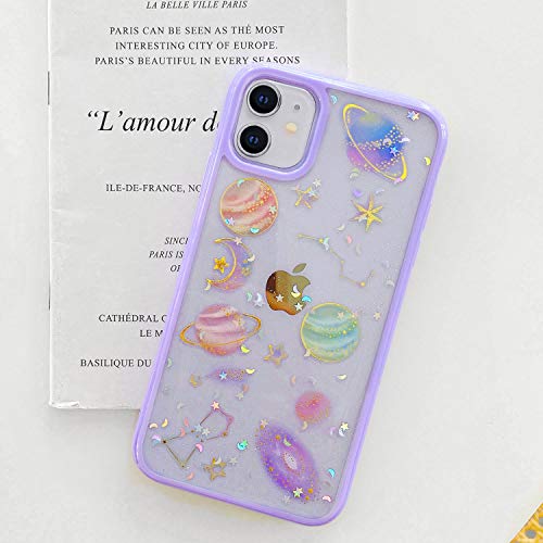 BOFTALE Compatible with iPhone 12 Mini Case Cute Clear Glitter for Girls Women, Handmade Planets/Stars Bling Sparkle Design Slim Soft TPU Cover Compatible with iPhone 12 Mini 5.4 inch 5G 2020(Purple)