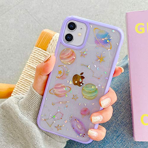 BOFTALE Compatible with iPhone 12 Mini Case Cute Clear Glitter for Girls Women, Handmade Planets/Stars Bling Sparkle Design Slim Soft TPU Cover Compatible with iPhone 12 Mini 5.4 inch 5G 2020(Purple)