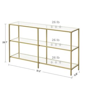 VASAGLE 51.2 Inch Console Sofa Table with 3 Shelves, Metal Frame, Tempered Glass Shelf, Modern Style, for Entryway Living Room Bedroom, Gold Color ULGT024A01