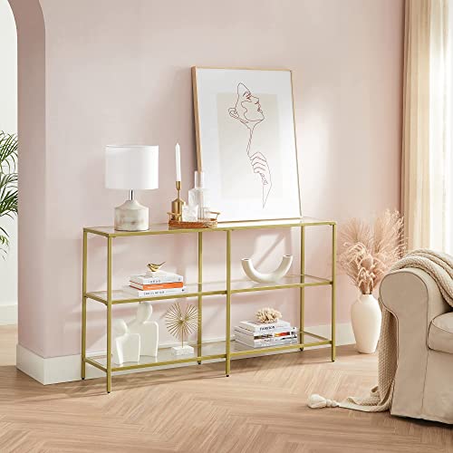 VASAGLE 51.2 Inch Console Sofa Table with 3 Shelves, Metal Frame, Tempered Glass Shelf, Modern Style, for Entryway Living Room Bedroom, Gold Color ULGT024A01