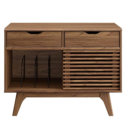 Modway Render Mid-Century Modern Vinyl Record Storage Display Cabinet, 37 Inch, Walnut