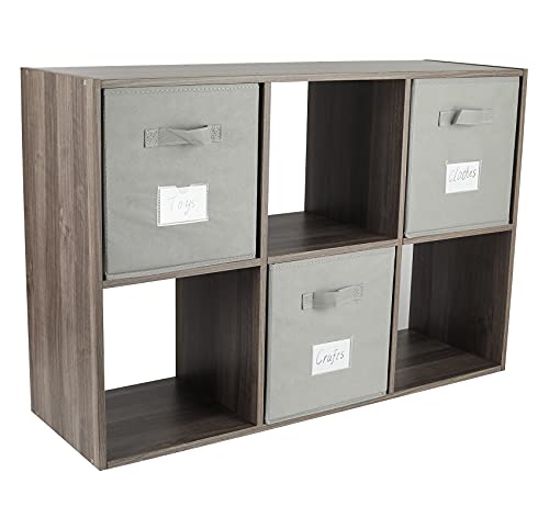 TQVAI 6 Cube Storage Organizer, Wood Storage Cubes Shelf with Fabric Storage Bin, Retro Grey