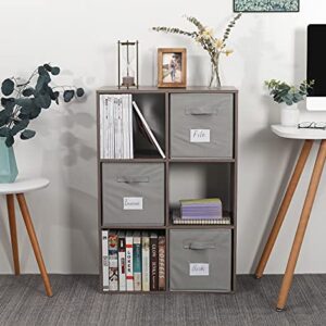 TQVAI 6 Cube Storage Organizer, Wood Storage Cubes Shelf with Fabric Storage Bin, Retro Grey