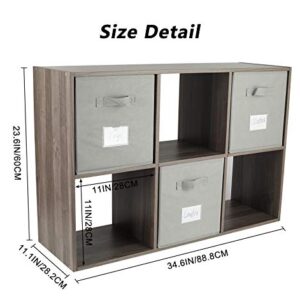 TQVAI 6 Cube Storage Organizer, Wood Storage Cubes Shelf with Fabric Storage Bin, Retro Grey