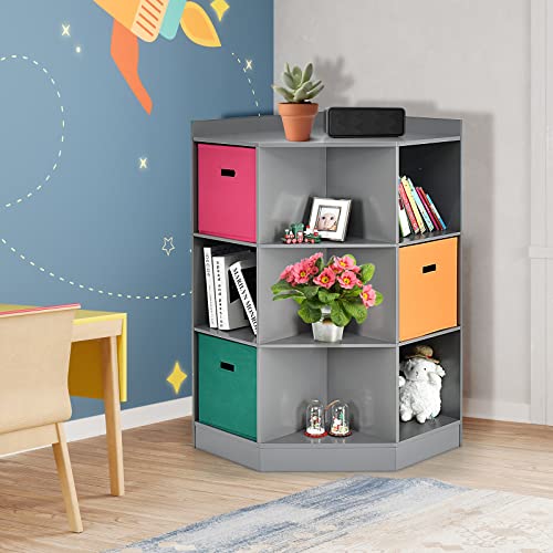 Costzon 9-Cubby Kids Bookcase with Extra Large Storage Baskets, Multi-Bin Children's Organizer Shelf with 6 Cubes and 3 Shelves, Wooden Storage Sideboard Suitable for Playroom, Decor Room (Gray)