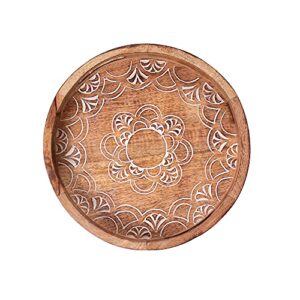 arija rustic wooden serving tray with handle - designer, decorative wooden carved ottoman tray for coffee, tea, drinks serving with handles - rustic home décor, boho décor serving tray