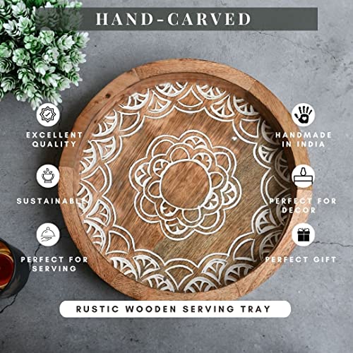 ARIJA Rustic Wooden Serving Tray with Handle - Designer, Decorative Wooden Carved Ottoman Tray for Coffee, Tea, Drinks Serving with Handles - Rustic Home décor, Boho Décor Serving Tray