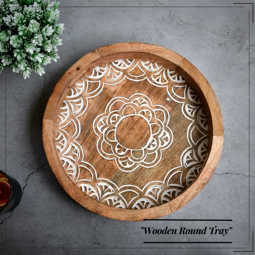 ARIJA Rustic Wooden Serving Tray with Handle - Designer, Decorative Wooden Carved Ottoman Tray for Coffee, Tea, Drinks Serving with Handles - Rustic Home décor, Boho Décor Serving Tray