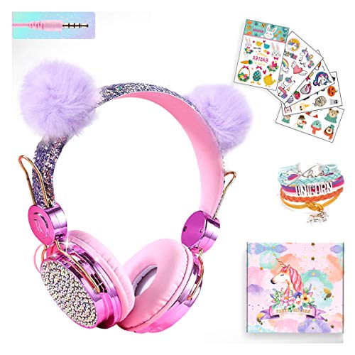 SVYHUOK Girls Pink Unicorn Wired Headphones,Cute Cat Ear Kids Game Headset for Boys Teens Tablet Laptop PC,Over Ear Children Headset withMic,for School Birthday Xmas Gifts