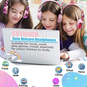 SVYHUOK Girls Pink Unicorn Wired Headphones,Cute Cat Ear Kids Game Headset for Boys Teens Tablet Laptop PC,Over Ear Children Headset withMic,for School Birthday Xmas Gifts