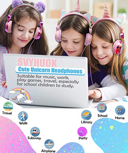 SVYHUOK Girls Pink Unicorn Wired Headphones,Cute Cat Ear Kids Game Headset for Boys Teens Tablet Laptop PC,Over Ear Children Headset withMic,for School Birthday Xmas Gifts