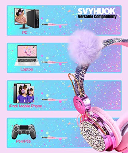 SVYHUOK Girls Pink Unicorn Wired Headphones,Cute Cat Ear Kids Game Headset for Boys Teens Tablet Laptop PC,Over Ear Children Headset withMic,for School Birthday Xmas Gifts