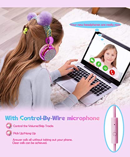 SVYHUOK Girls Pink Unicorn Wired Headphones,Cute Cat Ear Kids Game Headset for Boys Teens Tablet Laptop PC,Over Ear Children Headset withMic,for School Birthday Xmas Gifts