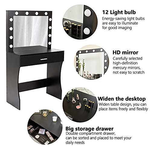 Titoni Vanity Set with Lighted Mirror, Makeup Vanity Table with Lights, Vanity Desk for Bedroom Lots Storage Makeup Desk Black