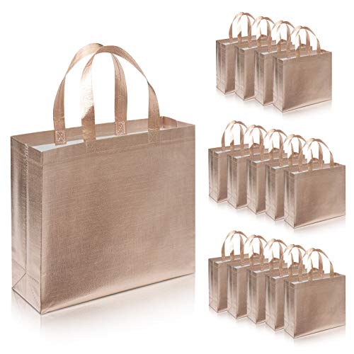 15pcs Glossy Reusable Grocery Bags Tote Bags with Handle Non-Woven Stylish Foldable Gift Bag Tote Bags for Wedding Bridal Shower Engagement Birthday Hoilday Parties (Rose Gold)