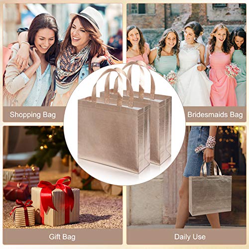 15pcs Glossy Reusable Grocery Bags Tote Bags with Handle Non-Woven Stylish Foldable Gift Bag Tote Bags for Wedding Bridal Shower Engagement Birthday Hoilday Parties (Rose Gold)