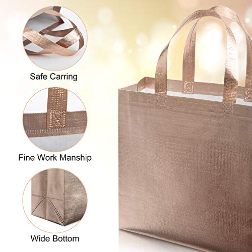 15pcs Glossy Reusable Grocery Bags Tote Bags with Handle Non-Woven Stylish Foldable Gift Bag Tote Bags for Wedding Bridal Shower Engagement Birthday Hoilday Parties (Rose Gold)