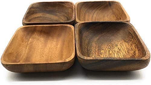 Acacia Handmade Wood Carved Plates - Set of 4 Calabash Bowls Size 4" (Square)