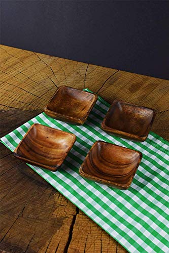 Acacia Handmade Wood Carved Plates - Set of 4 Calabash Bowls Size 4" (Square)