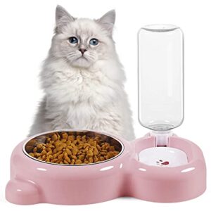 Azwraith Double Dog Cat Bowls, Pet Water and Food Bowl Set with Automatic Water Dispenser Bottle Detachable Stainless Steel Bowl for Small Dogs and Cats Kitten Puppy Rabbit Bunny - Pink