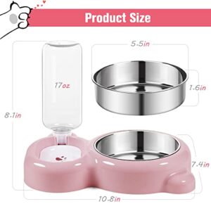 Azwraith Double Dog Cat Bowls, Pet Water and Food Bowl Set with Automatic Water Dispenser Bottle Detachable Stainless Steel Bowl for Small Dogs and Cats Kitten Puppy Rabbit Bunny - Pink