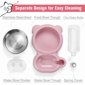 Azwraith Double Dog Cat Bowls, Pet Water and Food Bowl Set with Automatic Water Dispenser Bottle Detachable Stainless Steel Bowl for Small Dogs and Cats Kitten Puppy Rabbit Bunny - Pink