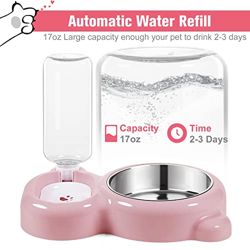 Azwraith Double Dog Cat Bowls, Pet Water and Food Bowl Set with Automatic Water Dispenser Bottle Detachable Stainless Steel Bowl for Small Dogs and Cats Kitten Puppy Rabbit Bunny - Pink