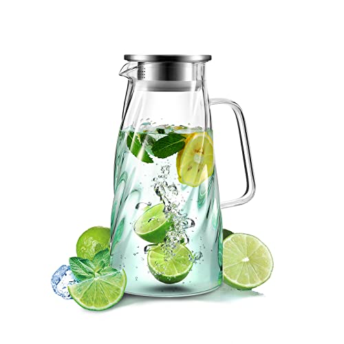 Glass Pitcher with Lid for Fridge Iced Tea Pitcher 57 OZ 1.7L Sun Tea Pitcher Gallon Pitcher Water Beverage Pitcher Carafe Juice Jug Hot/Cold Drink, Milk