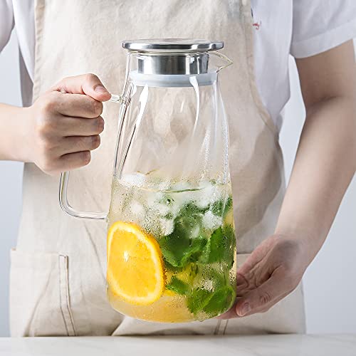 Glass Pitcher with Lid for Fridge Iced Tea Pitcher 57 OZ 1.7L Sun Tea Pitcher Gallon Pitcher Water Beverage Pitcher Carafe Juice Jug Hot/Cold Drink, Milk