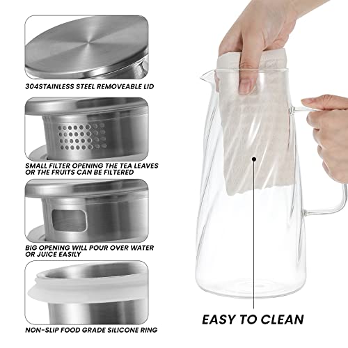 Glass Pitcher with Lid for Fridge Iced Tea Pitcher 57 OZ 1.7L Sun Tea Pitcher Gallon Pitcher Water Beverage Pitcher Carafe Juice Jug Hot/Cold Drink, Milk