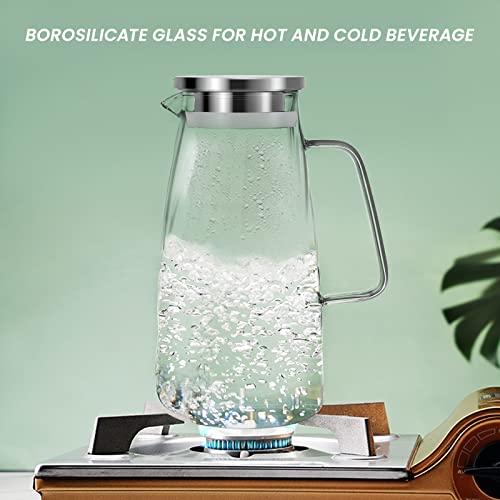 Glass Pitcher with Lid for Fridge Iced Tea Pitcher 57 OZ 1.7L Sun Tea Pitcher Gallon Pitcher Water Beverage Pitcher Carafe Juice Jug Hot/Cold Drink, Milk