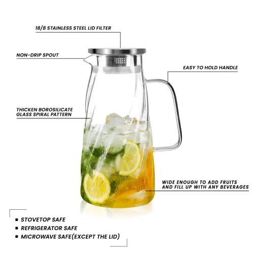 Glass Pitcher with Lid for Fridge Iced Tea Pitcher 57 OZ 1.7L Sun Tea Pitcher Gallon Pitcher Water Beverage Pitcher Carafe Juice Jug Hot/Cold Drink, Milk