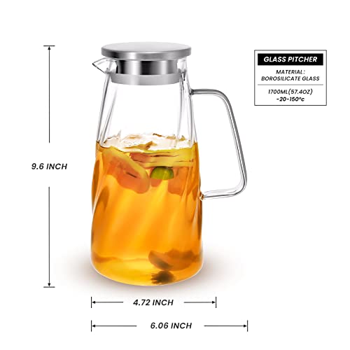 Glass Pitcher with Lid for Fridge Iced Tea Pitcher 57 OZ 1.7L Sun Tea Pitcher Gallon Pitcher Water Beverage Pitcher Carafe Juice Jug Hot/Cold Drink, Milk