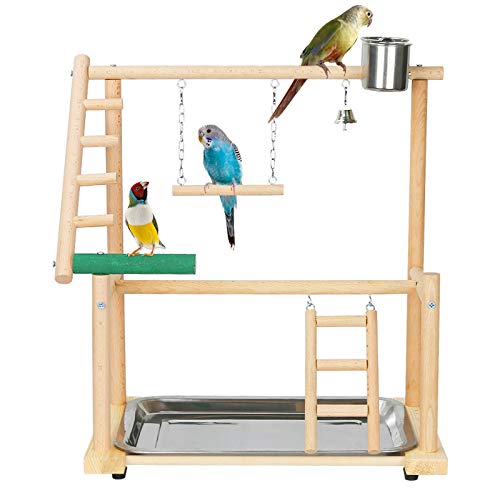 Ozzptuu Bird Playground Natural Wood Small/Medium Parrot Playstand Pet Bird Feeder Perch Stand with Seed Cups Ladder Hanging Swing