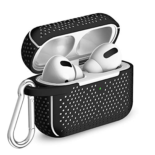 TALK WORKS AirPods Pro Case Cover with Keychain - Protective Hard Silicone Skin for AirPods Keychain Case Clip Carabiner Wireless Charging Compatible with Apple AirPod Pro Carrying Case 2019 - Black