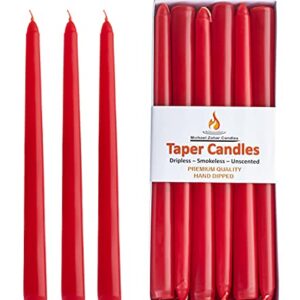 Michael Zohar Candles-12 Pack red Taper Candles-10 Inch Dripless Unscented red Candle Sticks - Ideal for Weddings, Romantic Dinner-8 Hour Burn Time