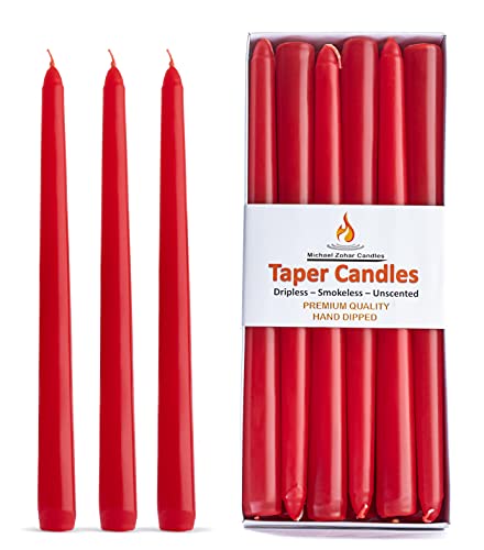 Michael Zohar Candles-12 Pack red Taper Candles-10 Inch Dripless Unscented red Candle Sticks - Ideal for Weddings, Romantic Dinner-8 Hour Burn Time