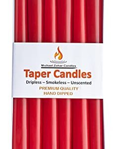 Michael Zohar Candles-12 Pack red Taper Candles-10 Inch Dripless Unscented red Candle Sticks - Ideal for Weddings, Romantic Dinner-8 Hour Burn Time