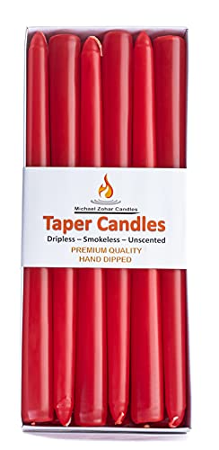 Michael Zohar Candles-12 Pack red Taper Candles-10 Inch Dripless Unscented red Candle Sticks - Ideal for Weddings, Romantic Dinner-8 Hour Burn Time