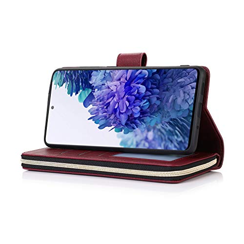 N9 Compatible with Samsung Galaxy S21 Ultra Wallet Case,Leather Zipper Magnetic 9 Card Slots Purse Protection Back Cover Compatible with Samsung Galaxy S21 Ultra(Wine Red)