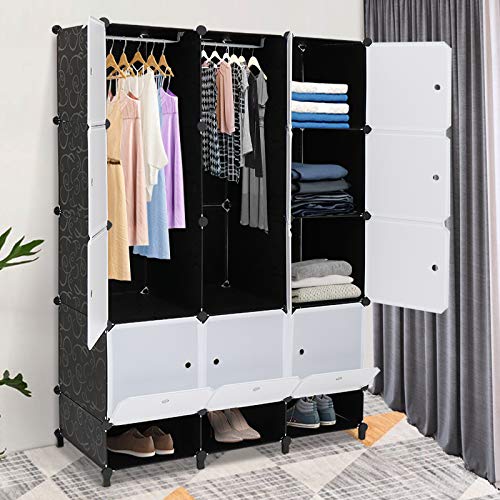 VINGLI Portable Closet Shelves, 12 Cube Clothes Organizer, Plastic Playroom Storage, Storage Closet, DIY Cube Storage Organizer with Doors and Hanging Rods