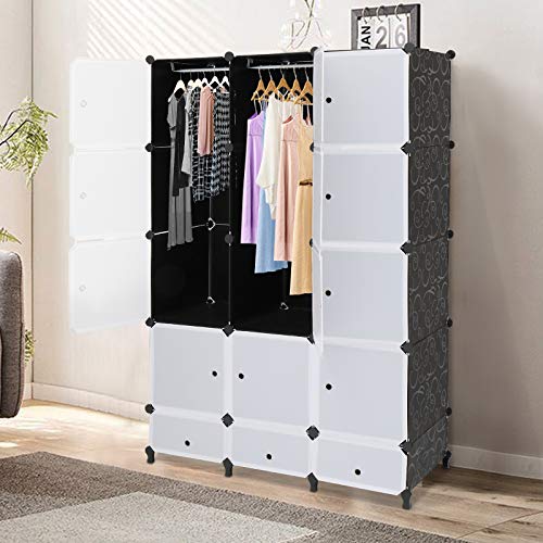 VINGLI Portable Closet Shelves, 12 Cube Clothes Organizer, Plastic Playroom Storage, Storage Closet, DIY Cube Storage Organizer with Doors and Hanging Rods